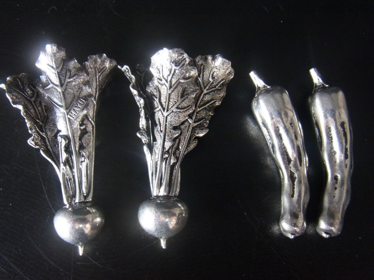 SILVER OHNO MAYU 錫製 箸置 飾物 野菜 胡瓜 枝豆 茄子 獅子唐 蕪菁文 シルバーオオノ まとめて10点 総重量210g 宮 ...