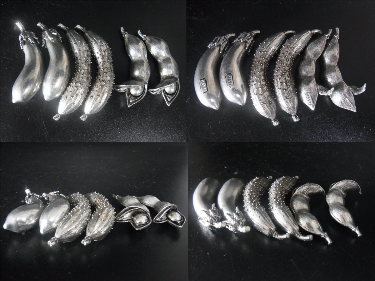 SILVER OHNO MAYU 錫製 箸置 飾物 野菜 胡瓜 枝豆 茄子 獅子唐 蕪菁文 シルバーオオノ まとめて10点 総重量210g 宮 ...