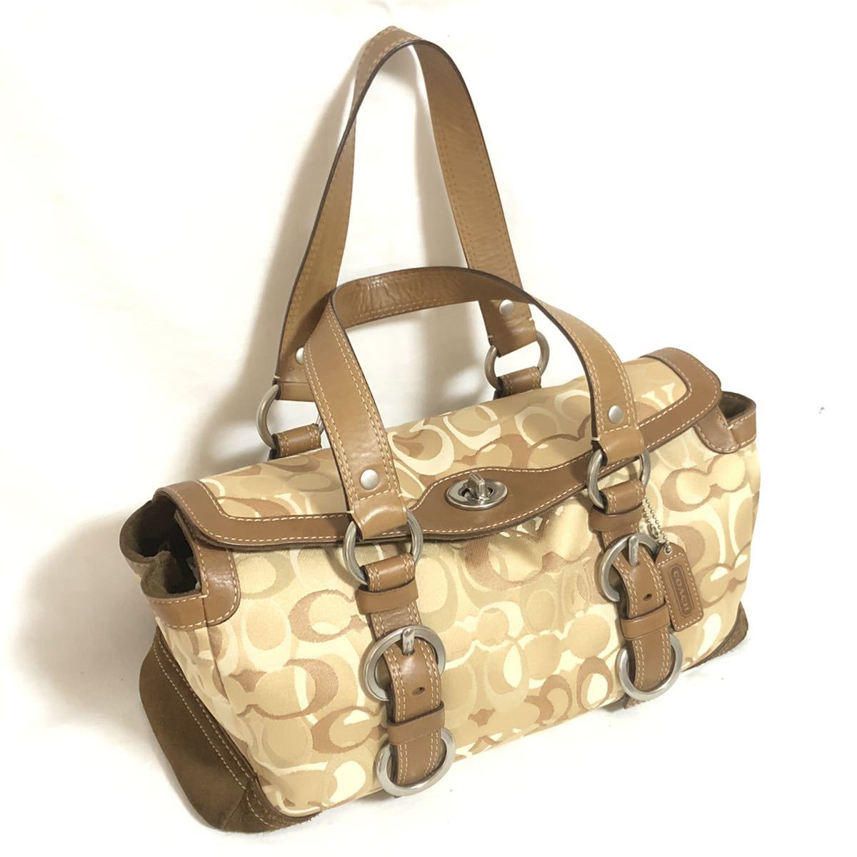 1円スタート COACH コーチ シグネチャー レガシー ハンドバック 10145 ベージュ ブラウン キャンバス レザー 34cm×16cm ...