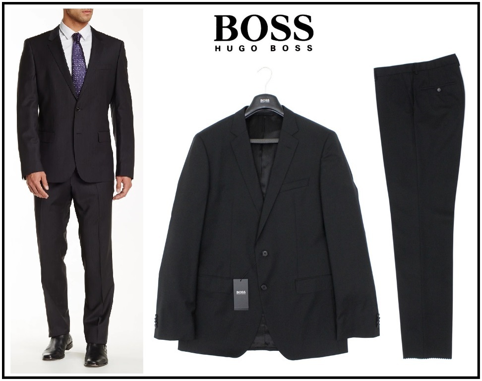 21万 54L=XL BOSSヒューゴボス GUABELLO社黒super120'sウールスーツ huge2/genius1 1円(ジャケット ...