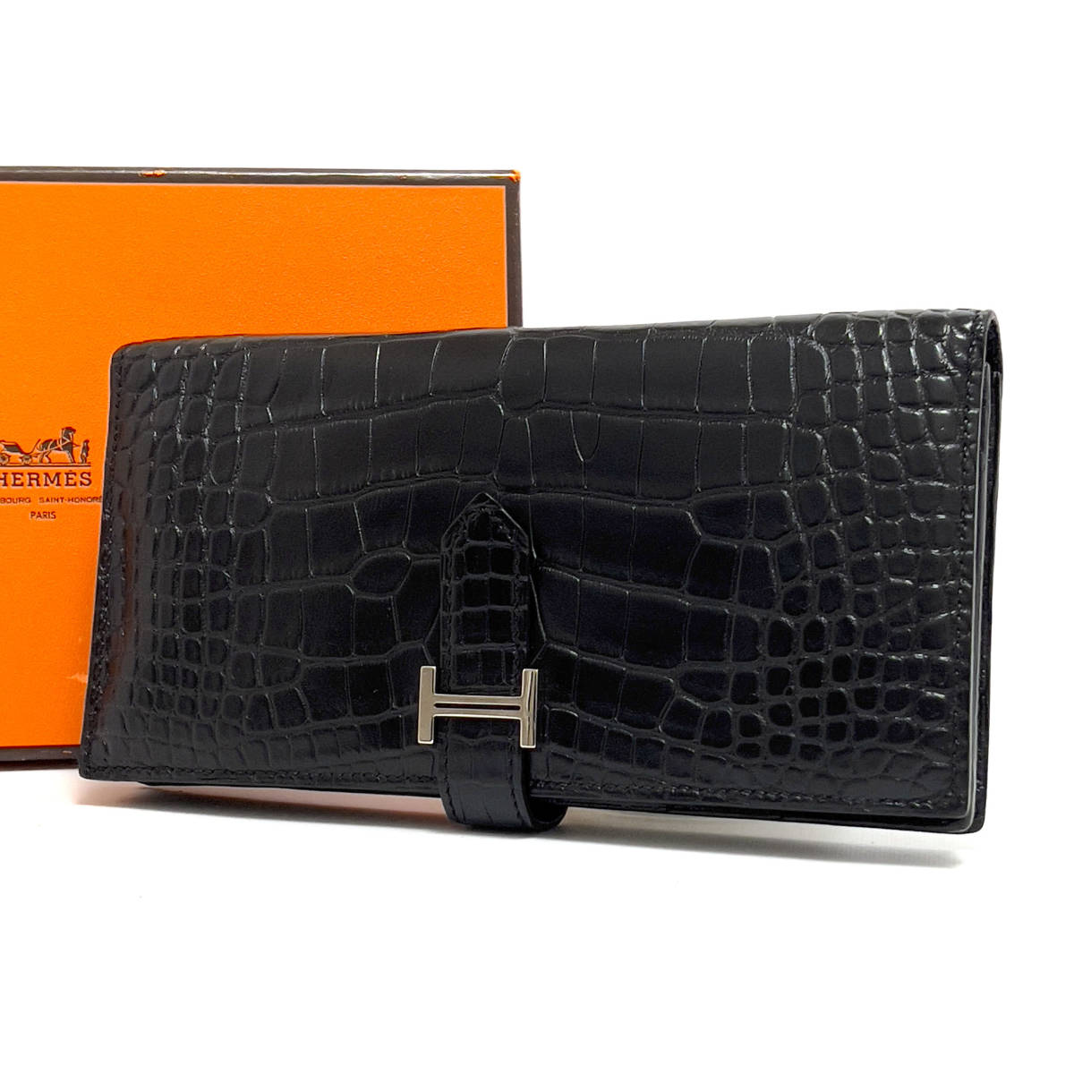 i34 超 エルメス HERMES アリゲーター ベアンスフレ マチあり 長財布 黒 ベアン P刻印 SV金具 クロコ(男性用財布)｜売買され ...