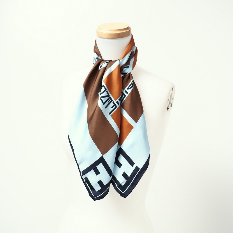 GM6262 FENDI フェンディ FFロゴ ダブルF ズッカ ロゴプリント シルクスカーフ ストール ブルー/ネイビー/ブラウン ...