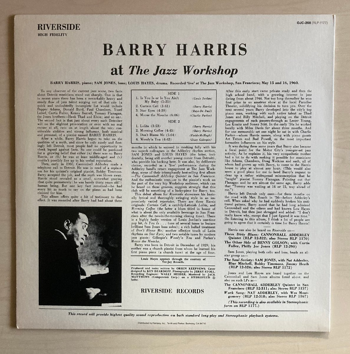 LPA21819 バリー ハリス BARRY HARRIS / AT THE JAZZ WORKSHOP 輸入盤LP USA OJC(ジャズ ...