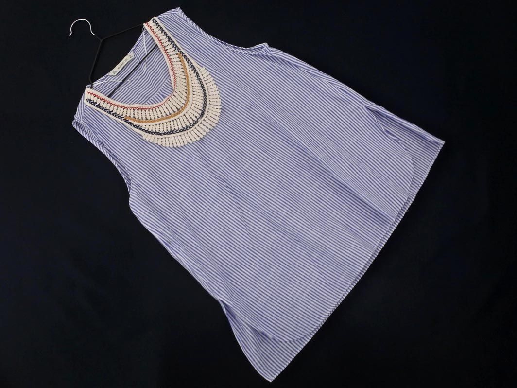ネコポスOK ZARA basic ザラ ベーシック レース ストライプ ノースリーブ カットソー sizeM/白x青 eeb3 レディース ...