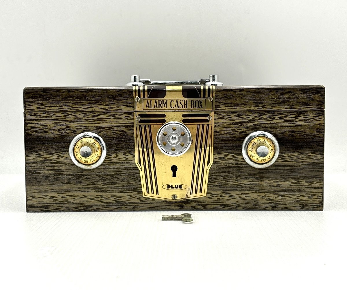 ALARM CASH BOX 金属製 手提げ金庫 昭和レトロ アラーム付 鍵付 木目調 PLUS キャッシュボックス アンティーク 収納 道楽 ...