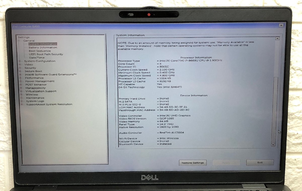 1円 ジャンク DELL LATITUDE 5400 / 第8世代 / Core i7 8665U 1.90GHz / メモリ 16GB ...