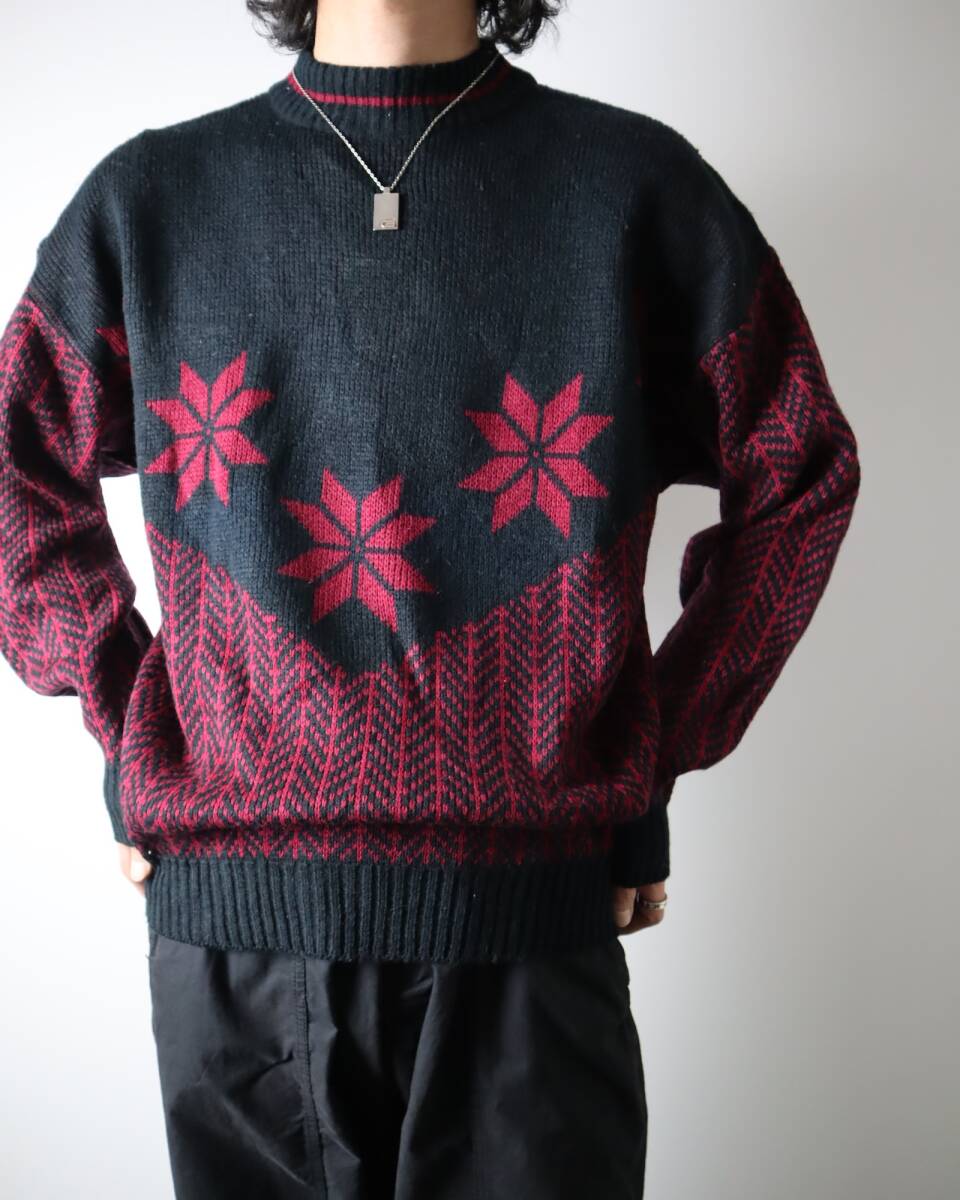 K341 unique design bicolor sweater black×magenta XL 90s 00s バイカラー 雪柄 ...