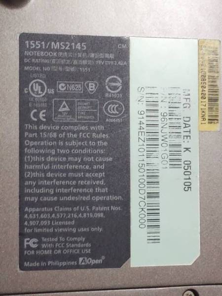 ノートパソコン Aopen ベアシステム 1551/MS2145 WinXP(ノートブック、ノートパソコン)｜売買されたオークション情報 ...