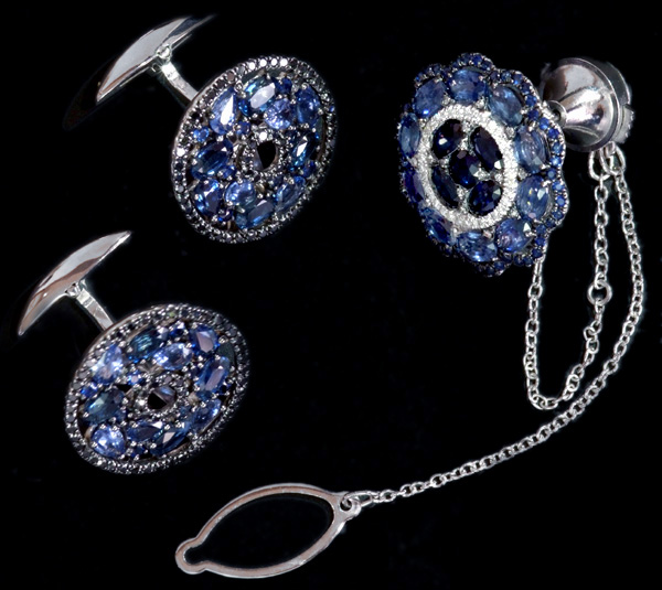 E5286 稀少Design サファイア 絶品ダイヤ53pcs ブラックD108pcs 最高級18/14金WG無垢セレブリティカフス タイピンセット 総重量15.8g(ダイヤモンド)｜売買され ...