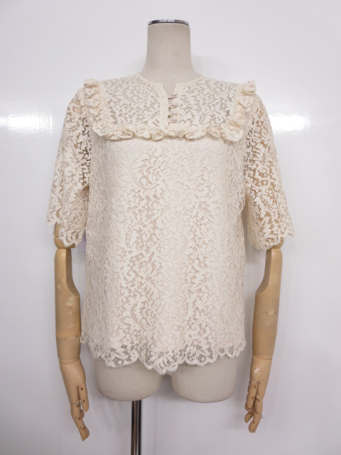 1H 超 カオン Kaon 総レース 半袖カットソー ブラウス レディース sizeM フリル装飾 オフホワイト LT2452(Kaon ...