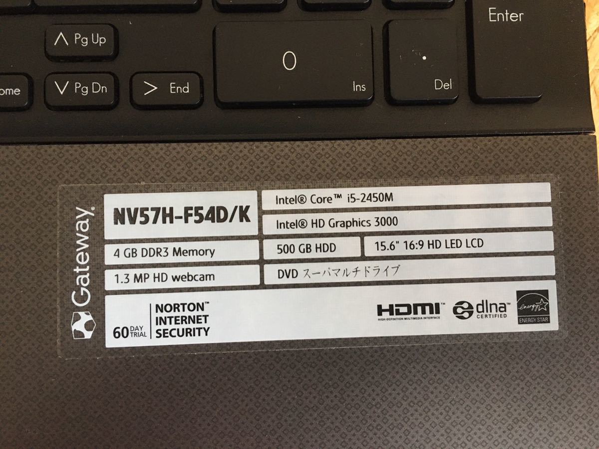 ゲートウェイ Gateway NV57H-F54D/K Corei5-2450M 2.50GHz/4GB/500G Windows10(15 ...