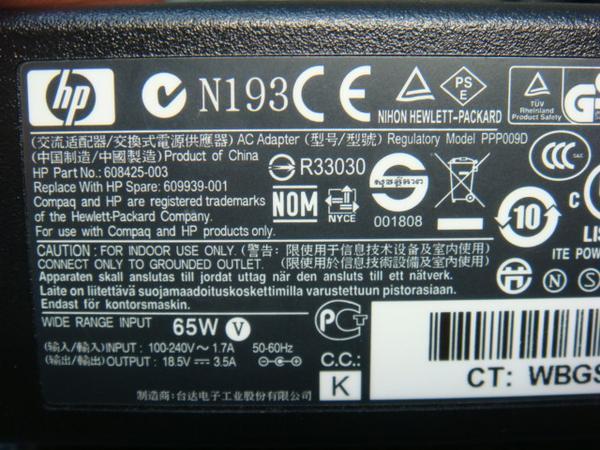HP AC ADAPTER 18.5V~3.5A PPP009D Probook 4520S 4525s 4530S 2540p 6560b ...