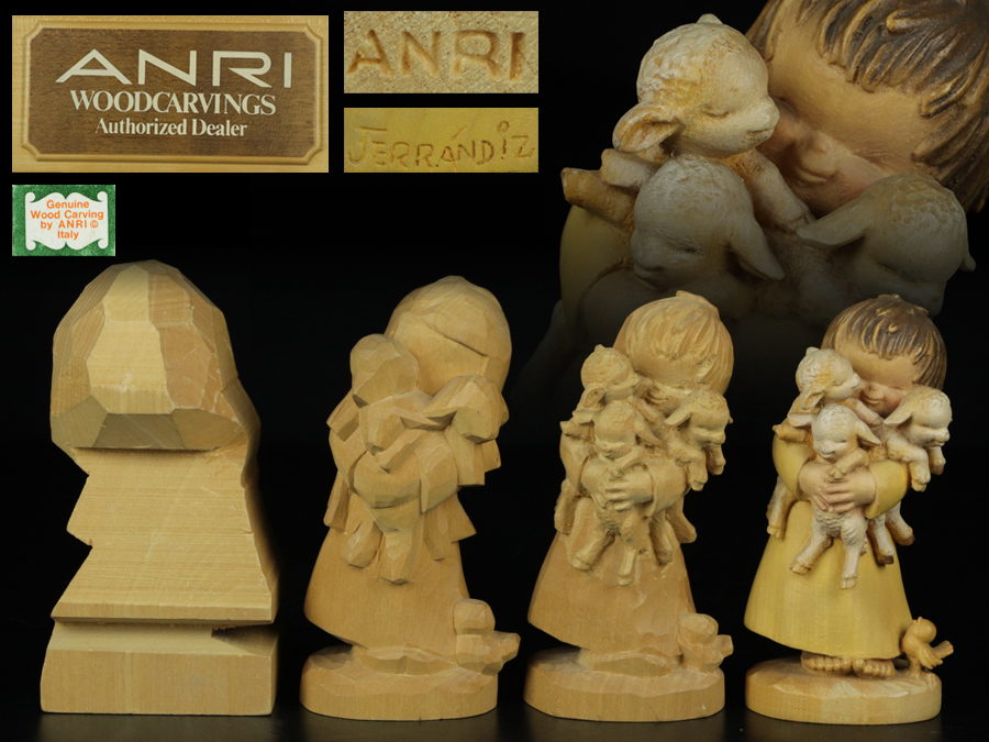 魁 イタリア製 ANRI アンリ JERRANDIZ 木彫人形 羊を抱く少女 製作工程の4パターンセット 高さ16㎝(西洋彫刻)｜売買された ...
