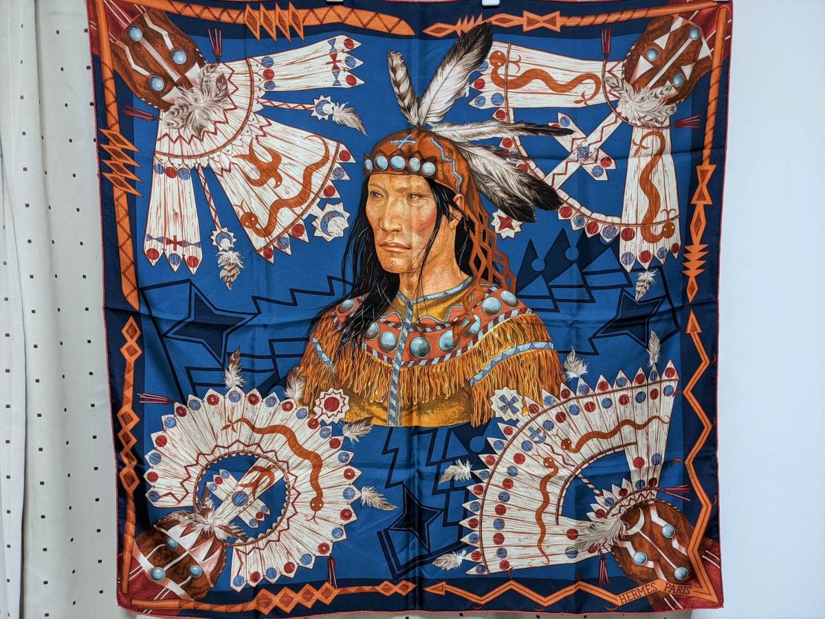 レア 同様品 HERMES エルメス COSMOGONIE APACHE アパッチ族の宇宙論 インディアン柄 カレ90 シルク スカーフ ...