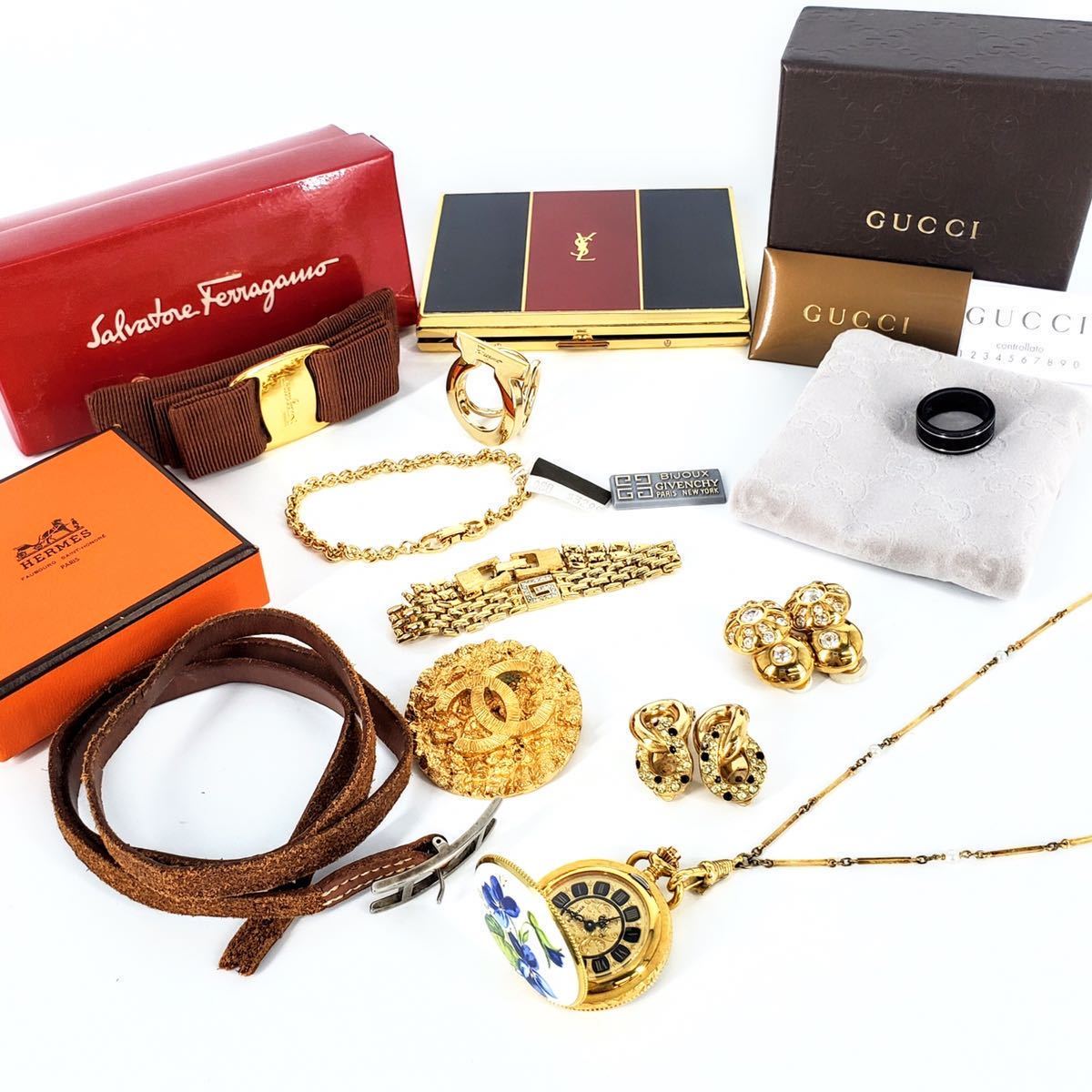 含む ブランド小物 アクセサリー まとめ KC-109 CHANEL GIVENCHY YSL Dior HERMES GUCCI ferragamo イヤリング リング など(イヤリング ...