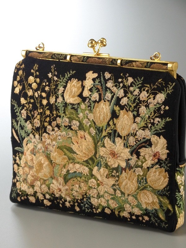 GH8351 イタリア製 レウロカティ Leu Locati vintage プチポワン フラワー刺繍 がま口 チェーンバッグ/ハンドバッグ ...