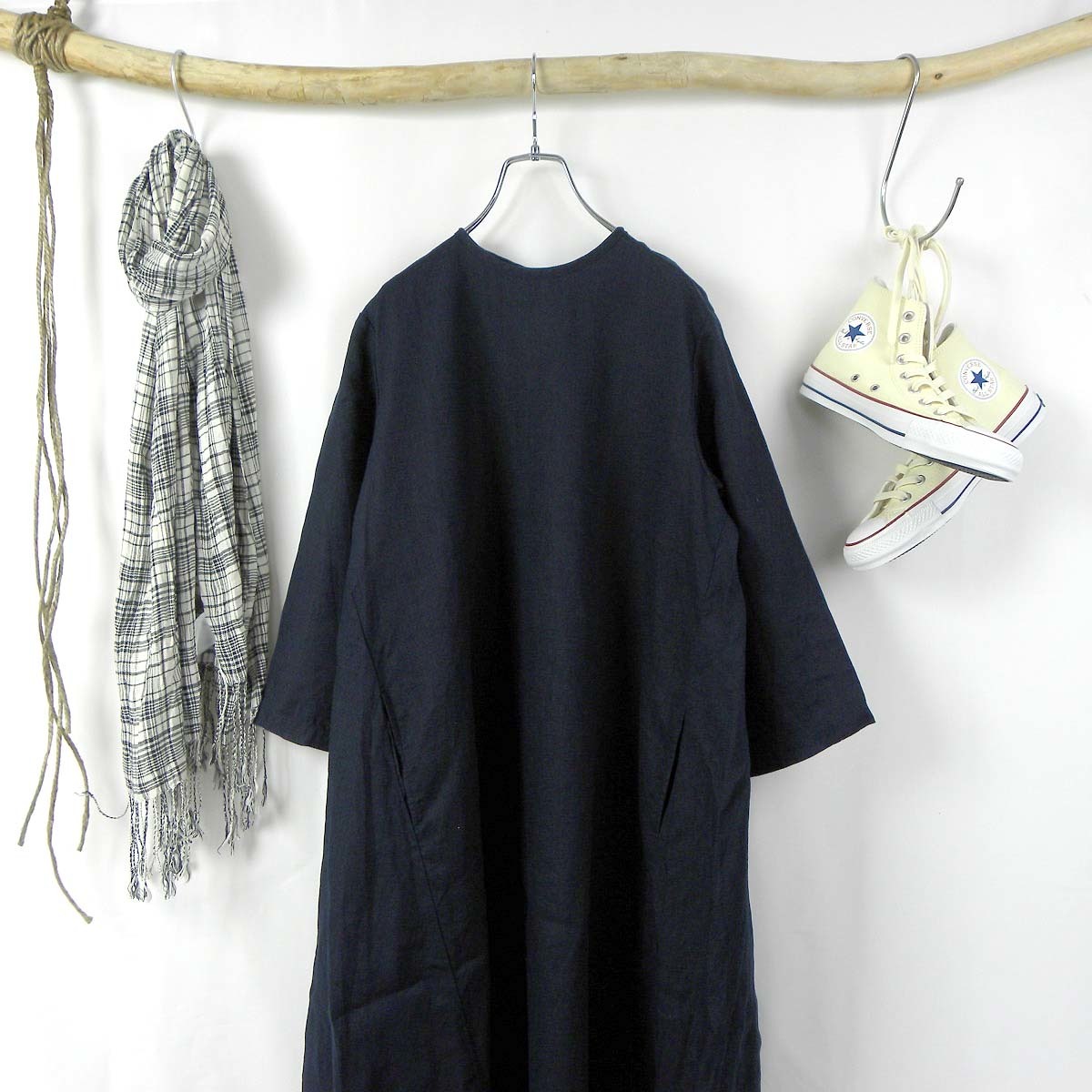 無印良品 麻100％ 7分袖フレンチリネンワンピース Aライン ロング丈 ナチュラル M ネイビー l0623-10(その他)｜売買された ...