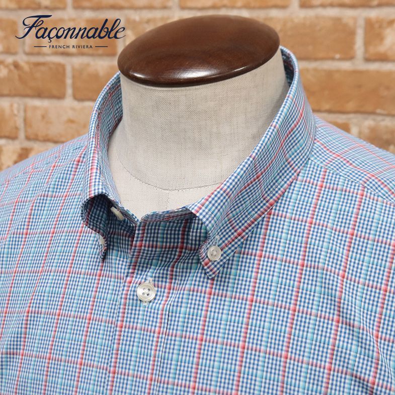 1円/Faconnable/Lサイズ/シャツ なめらか先染チェック ボタンダウン 鳥 刺繍ワンポイント かわいい 長袖 /青/ブルー ...