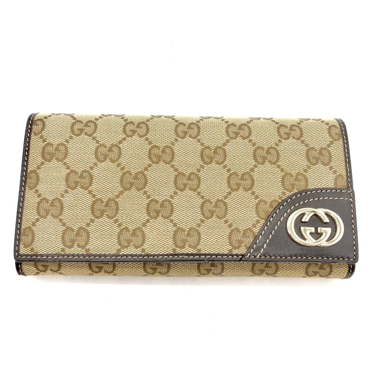 5651/ GUCCI 204836 496085 グッチ GGキャンバス ゴールド金具 2つ折り長財布 ウォレット ベージュ ブラウン 茶 ...