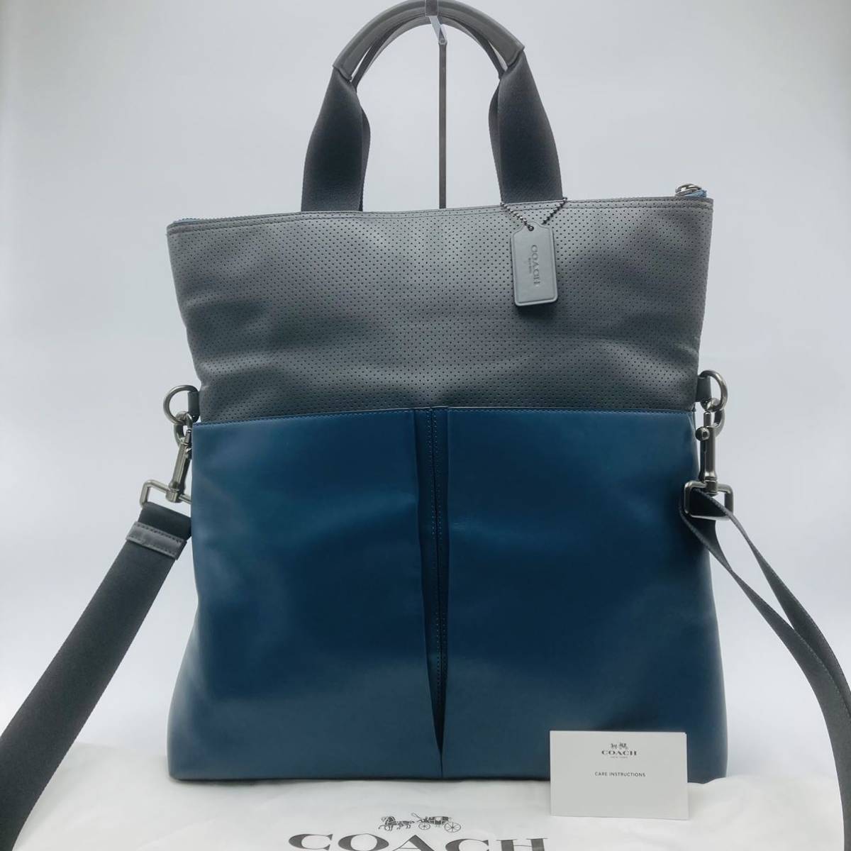1円 COACH コーチ 2way トートバッグ ショルダーバッグ パンチング 牛革 F57569 メンズ デニムブルー 定価10万(トート ...
