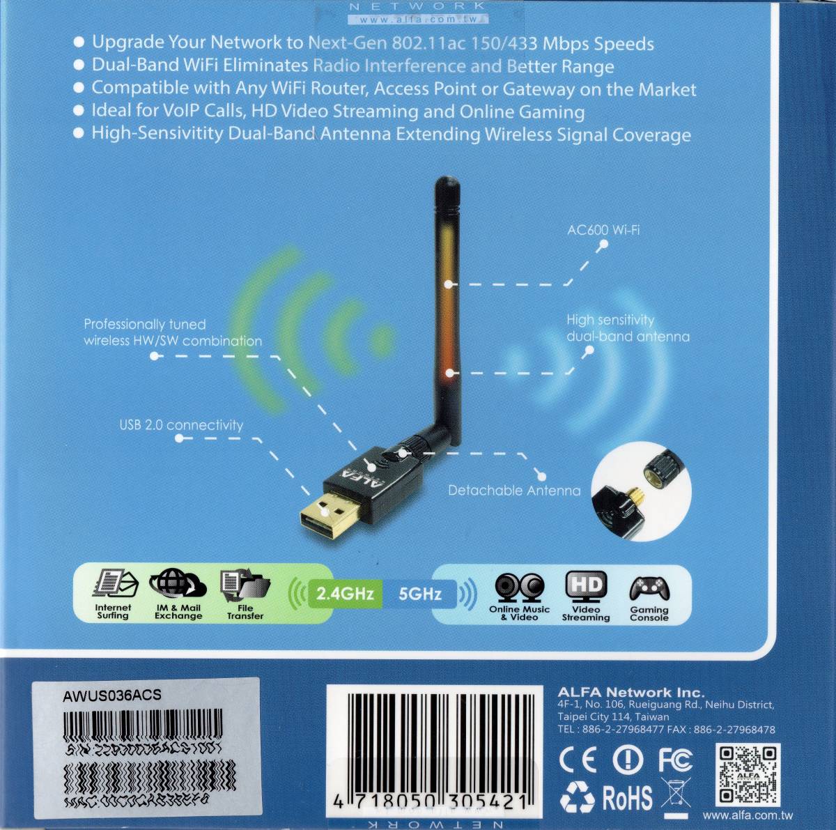 ALFA Network ALFA AWUS036ACS Realtek RTL8811AU AC600 小型無線LAN USBアダプター ...