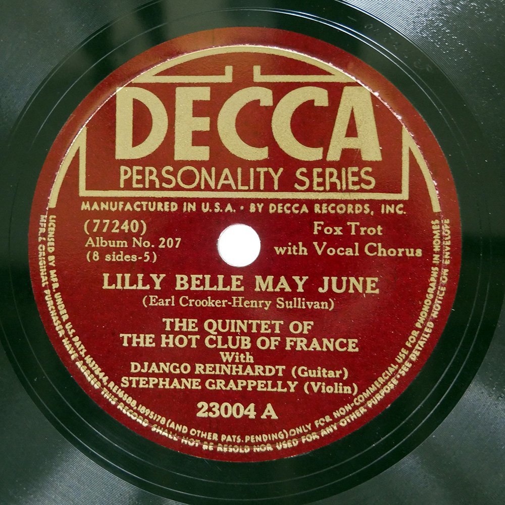 一部同梱不可 〇 SP盤 米 QUINTET OF THE HOT CLUB OF FRANCE/LILLY BELLE MAY JUNE ...