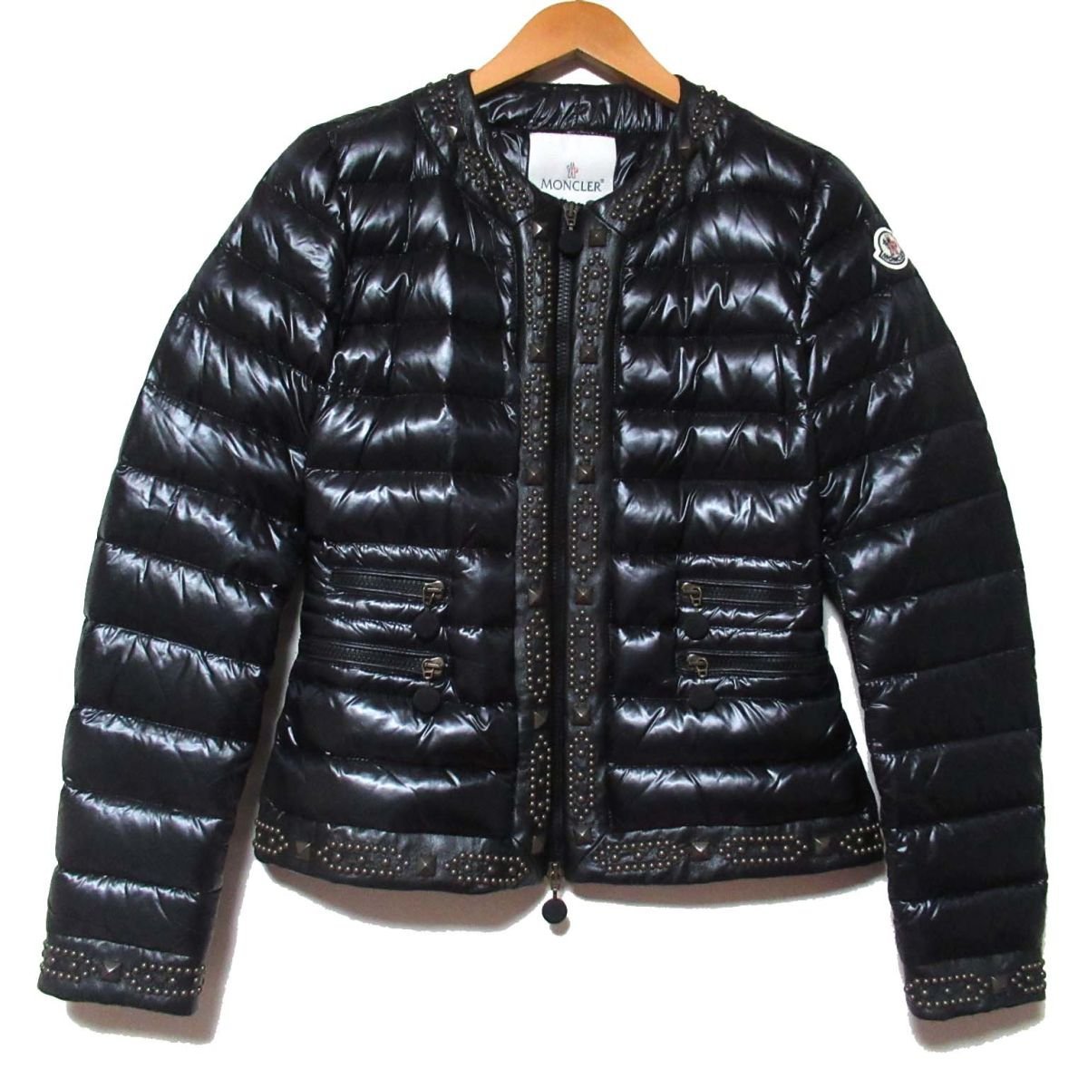 MONCLER モンクレール ROSEAU スタッズ装飾 ジップアップ ノーカラー ダウンジャケット サイズ0 黒 ブラック C0201(0 ...