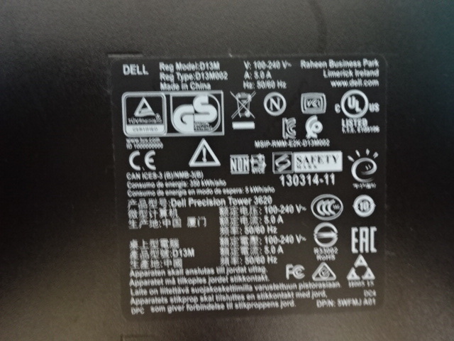 Dell Precision Tower 3620 Model:D13M Type:D13M002 CPU:i5-7600 3.5GHz 実装 ...