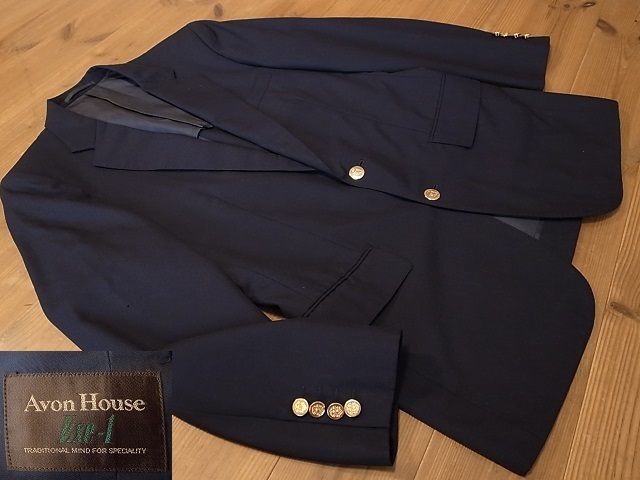 日本製 AVON HOUSE エーボンハウス ウール オールシーズン 2釦 紺 ブレザー テーラード ジャケット 金釦 サイズ M相当(M ...
