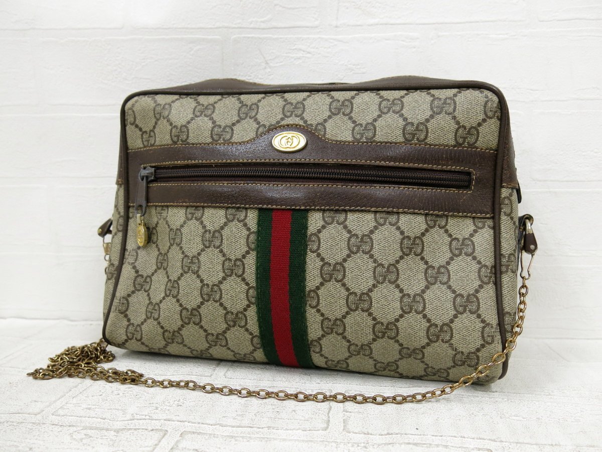 GUCCI オールド グッチ GGスプリーム シェリー PVC レザー 本革 チェーン ショルダー バッグ 茶系 G金具 イタリア製 ...