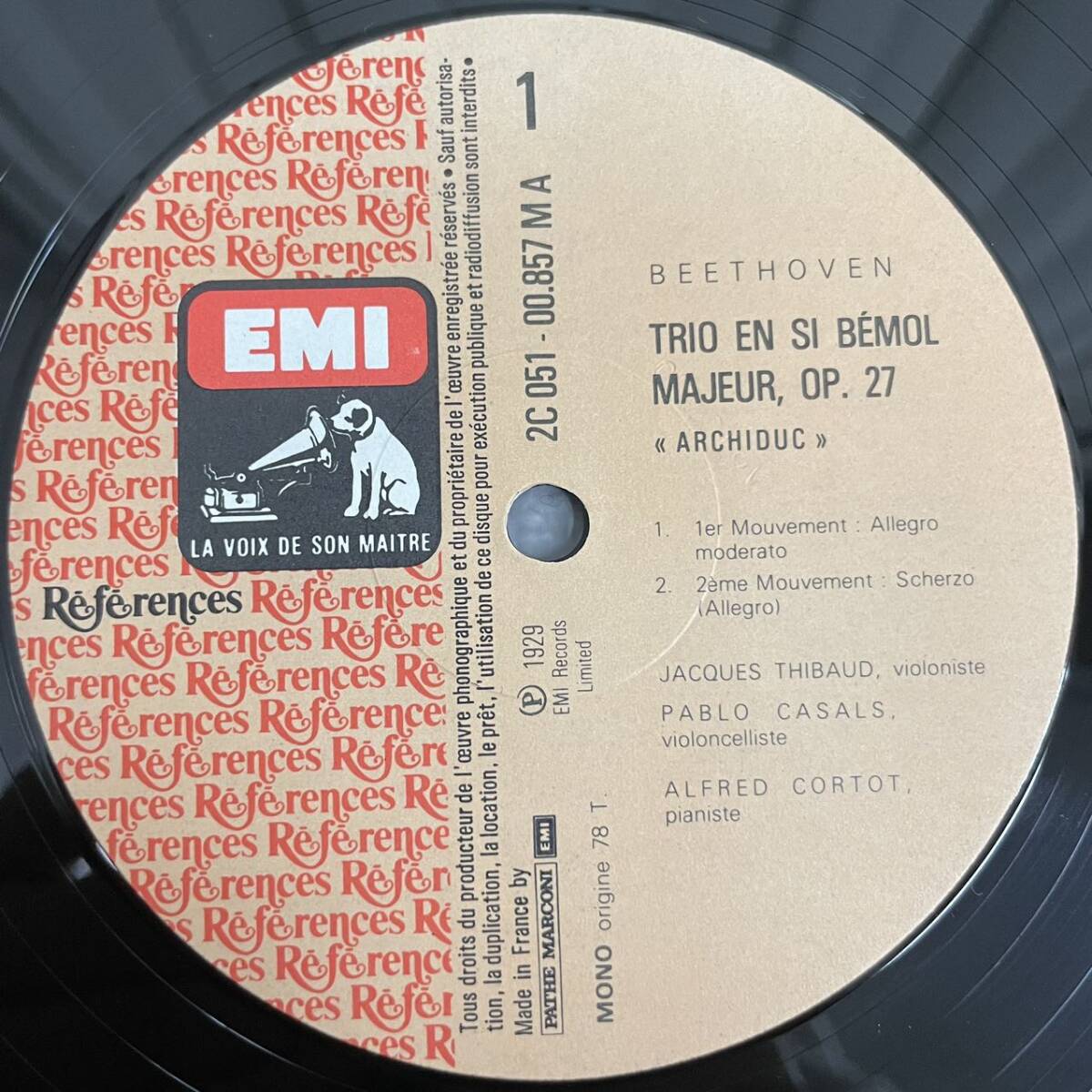 /LP/Beethoven/Alfred Cortot Jacques Thibaud Pablo Casals Trio En Si ...