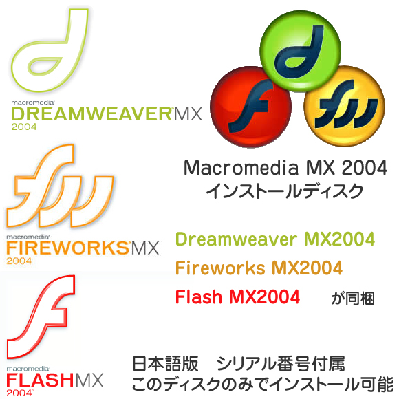 Macromedia StudioスタジオMX2004 Dreamweaver Fireworks Flash セット WIN版 シリアル付 ...