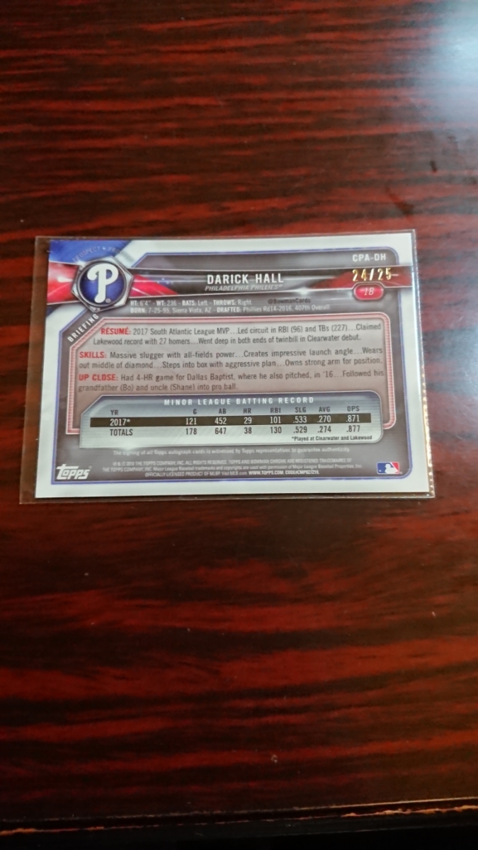 2018 Topps Bowman Chrome Autograph Darick Hall Philadelphia Phillies 25 ...
