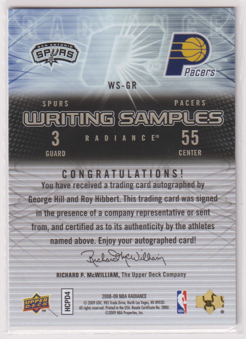 NBA GEORGE HILL ROY HIBBERT AUTO 2008-09 UPPER DECK RADIANCE WRITING ...