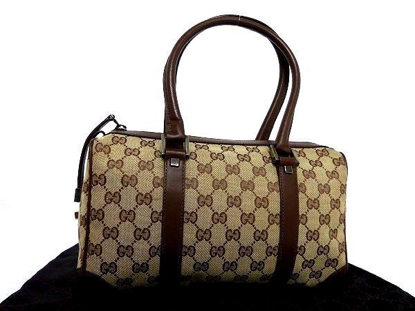 1円 極 GUCCI グッチ 000 0851 3444 GGキャンバス×レザー ハンドバッグ ミニボストンバッグ ベージュ系×ブラウン系 ...