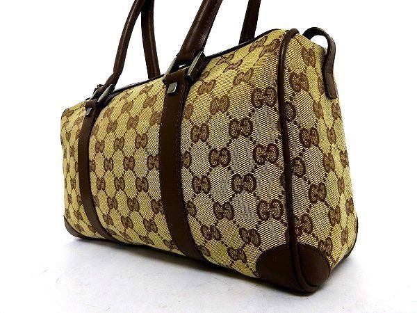 1円 極 GUCCI グッチ 000 0851 3444 GGキャンバス×レザー ハンドバッグ ミニボストンバッグ ベージュ系×ブラウン系 ...
