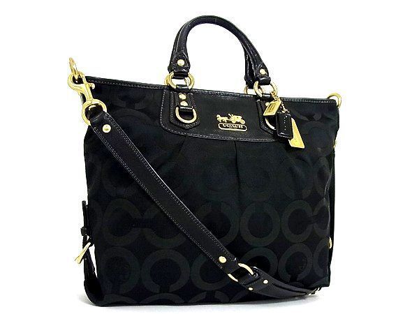 1円 COACH コーチ 12963 ロゴ キャンバス×レザー ゴールド金具 肩掛け 2WAY ショルダー ハンドバッグ ブラック系 ...