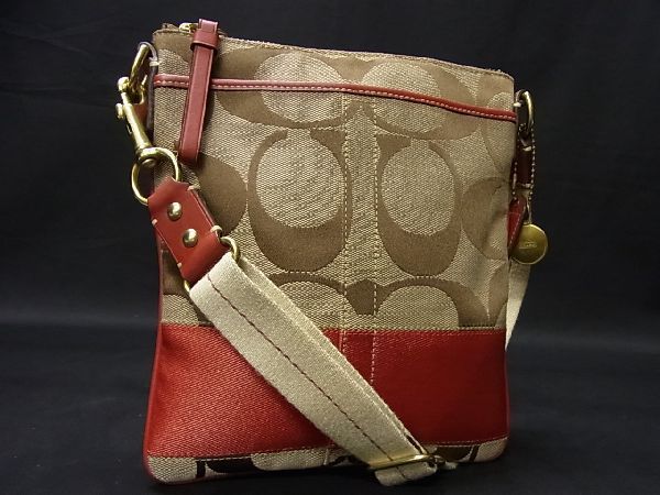 1円 極 COACH コーチ 40758 シグネチャー キャンバス ゴールド金具 ショルダーバッグ 斜め掛け ブラウン系×オレンジ系 ...