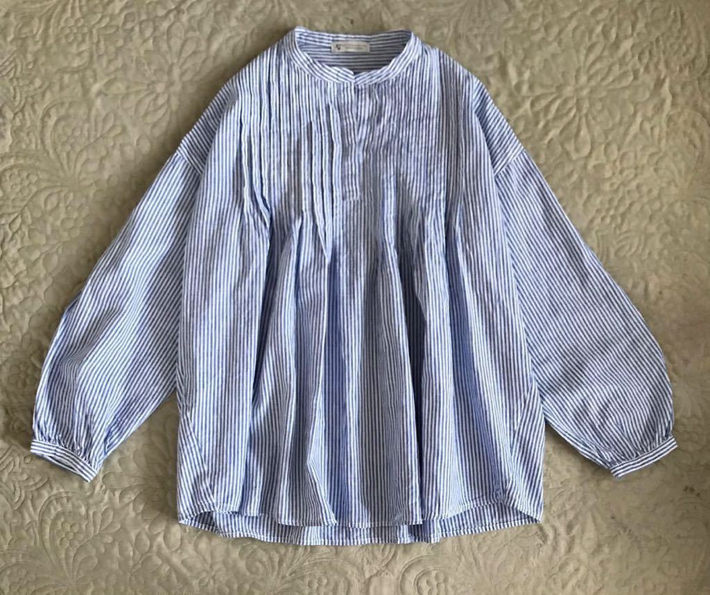 アフタヌーンティー ワードローブ 綿麻 ブラウス バンドカラー ピンタック 肩落ち ギャザー ストライプ 青白 リネン コットン MR(Mサイズ)｜売買されたオークション情報、yahooの商品 ...