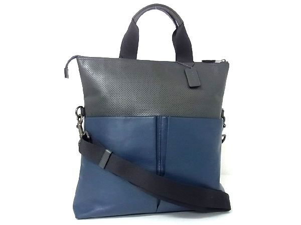 1円 COACH コーチ F57569 レザー パンチング 2WAY ハンドバッグ トートバッグ ショルダーバッグ 肩掛け ブルー系×グレー系 ...