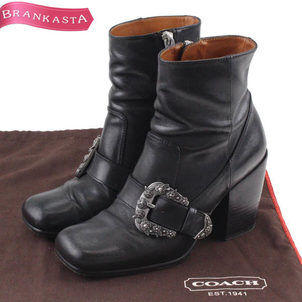 COACH/コーチ レディース ショートブーツ 靴 チャンキーヒール スクエアトゥ レザー ベルト装飾 US6B 黒 大感謝祭 31QA18 ...