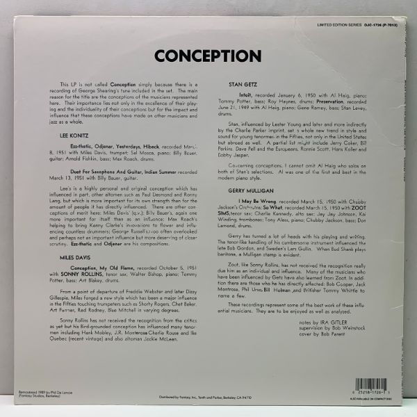 美盤 MILES DAVIS / STAN GETZ / LEE KONITZ Conception Prestige 7013 米OJC 80's LTD 限定リマスター LP(ジャズ一般 ...