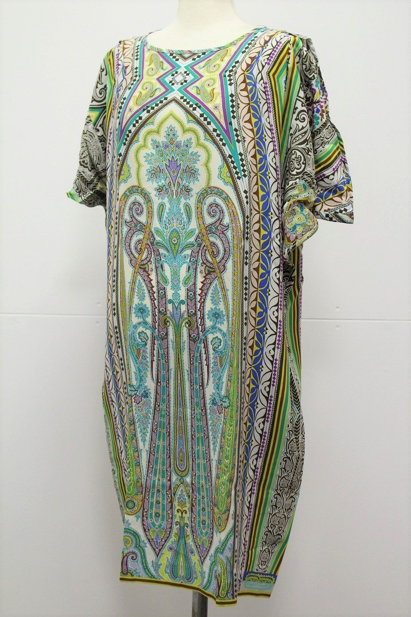 良品 ETRO エトロ ワンピース チュニック 系 緑 黄色 青 グリーン イエロー ブルー マルチ シルク 100% 40 1-K085/1 ...