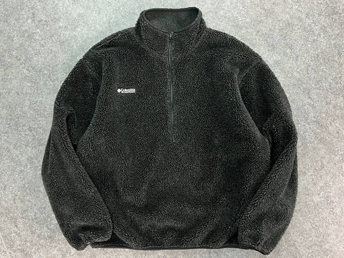 Wh731 90s 日本製 Columbia コロンビア ハーフジップ プルオーバー ボアフリース ジャケット モコモコ 黒 メンズ ゆったり ...