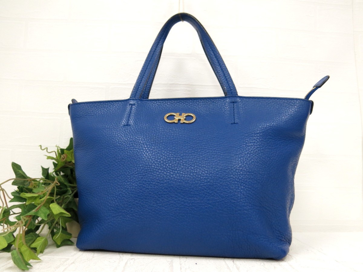 Salvatore Ferragamo フェラガモ ダブルガンチーニ カーフ レザー 本革 ハンド トート バッグ ロイヤルブルー G金具 ...