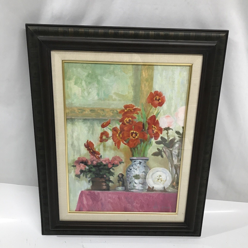 真作 油絵 静物画 花 Zili Li ツーリ リー 薔薇色のテーブルクロス 額装 美術品 フレーム 絵画 1992.10.16 角D0309 ...