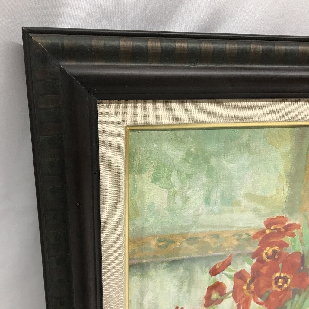 真作 油絵 静物画 花 Zili Li ツーリ リー 薔薇色のテーブルクロス 額装 美術品 フレーム 絵画 1992.10.16 角D0309 ...