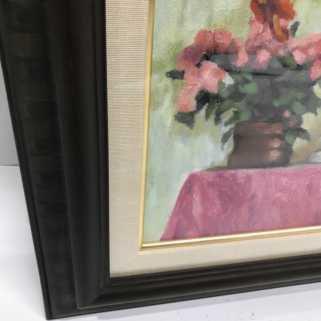 真作 油絵 静物画 花 Zili Li ツーリ リー 薔薇色のテーブルクロス 額装 美術品 フレーム 絵画 1992.10.16 角D0309 ...
