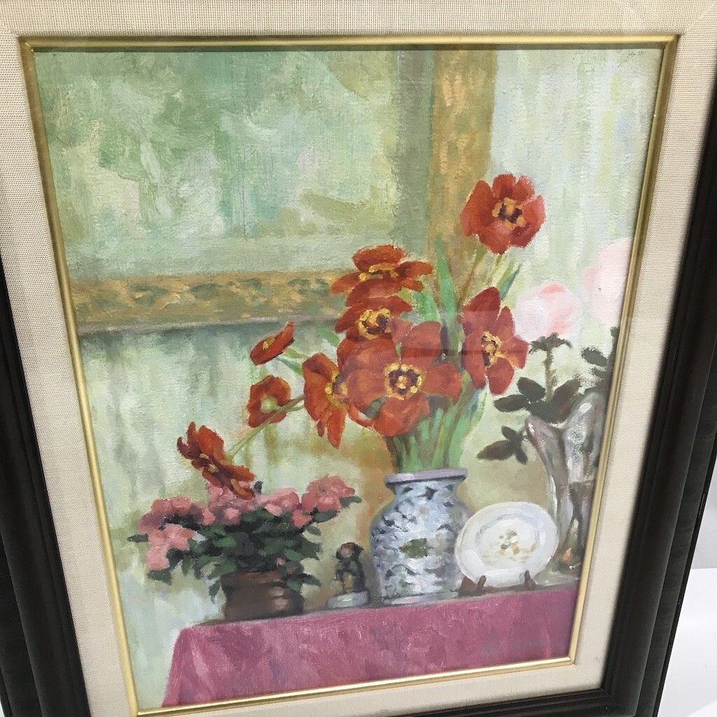 真作 油絵 静物画 花 Zili Li ツーリ リー 薔薇色のテーブルクロス 額装 美術品 フレーム 絵画 1992.10.16 角D0309 ...