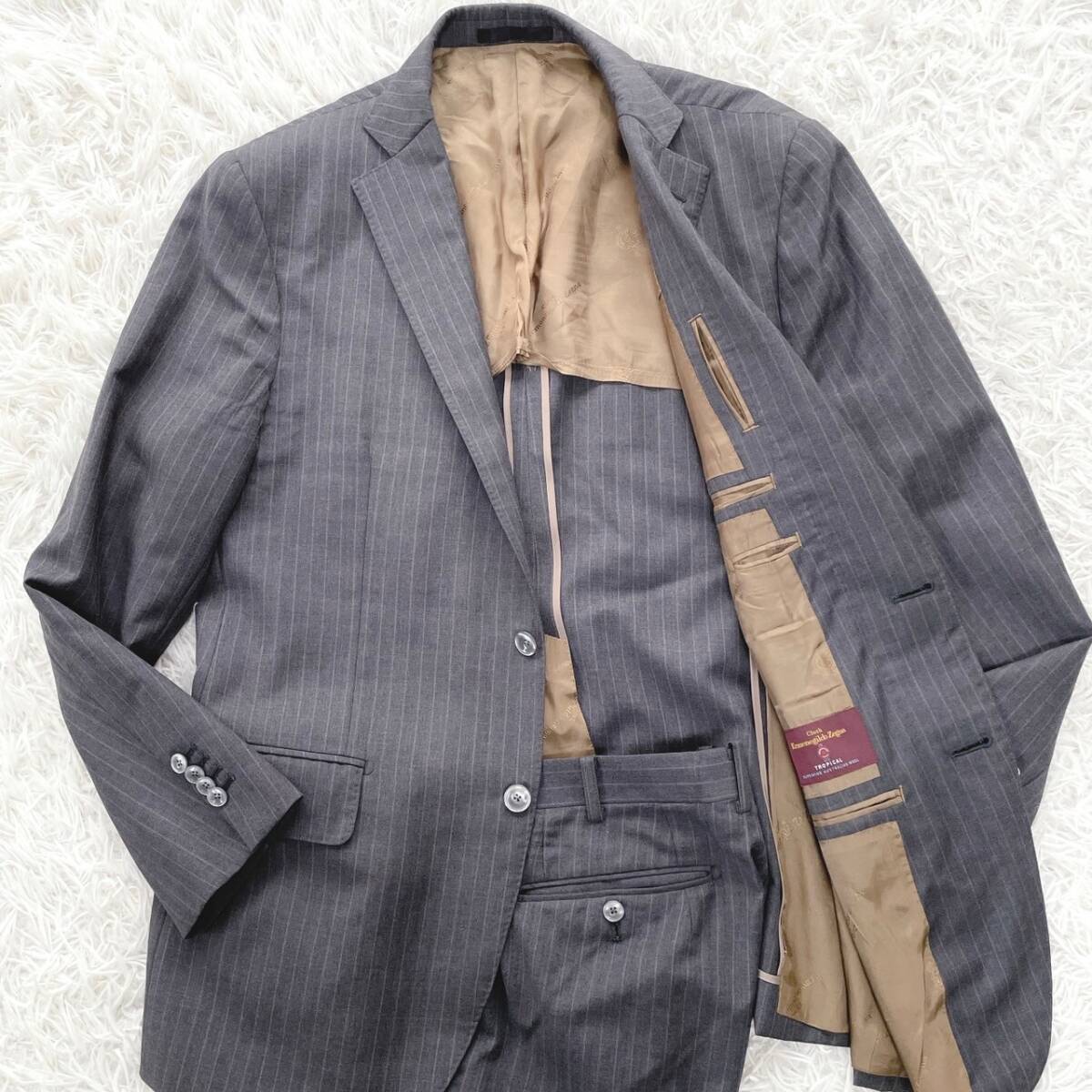 L SALON TeeGon ゼニア スーツ セットアップ ストライプ パイピング 裏地 総柄 グレー メンズ ジャケット スラックス ...